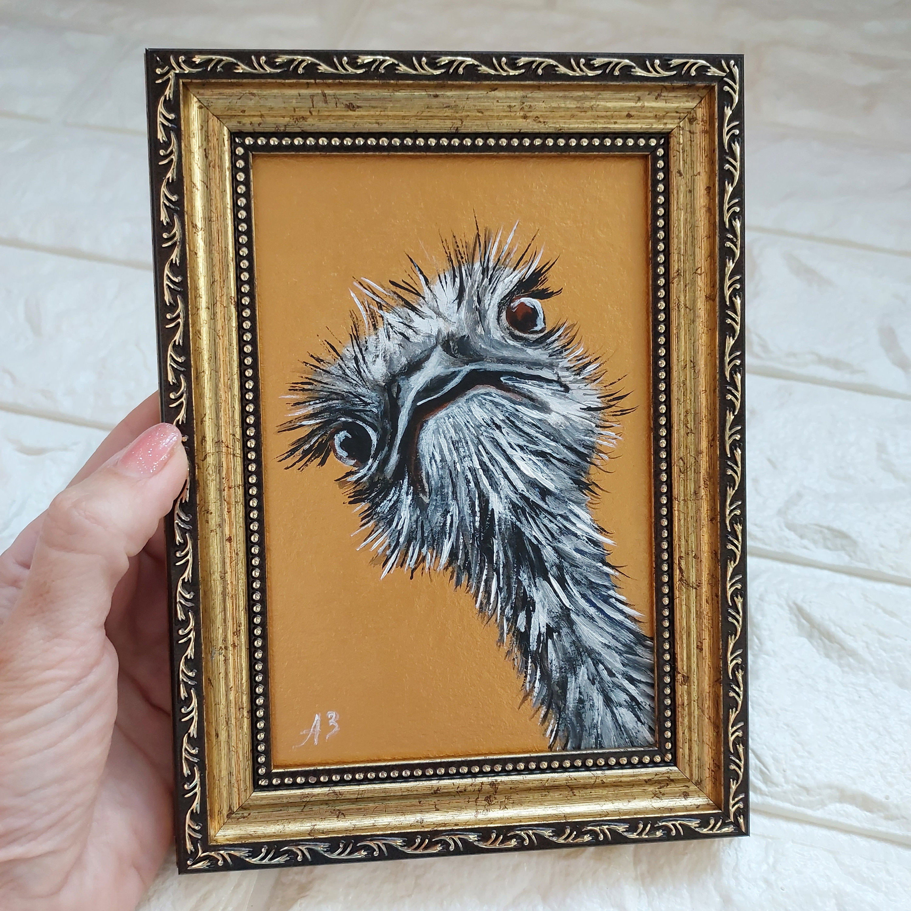 Original Ostrich Oil Painting: Gold Framed Bird Art, 4x6 In - Etsy