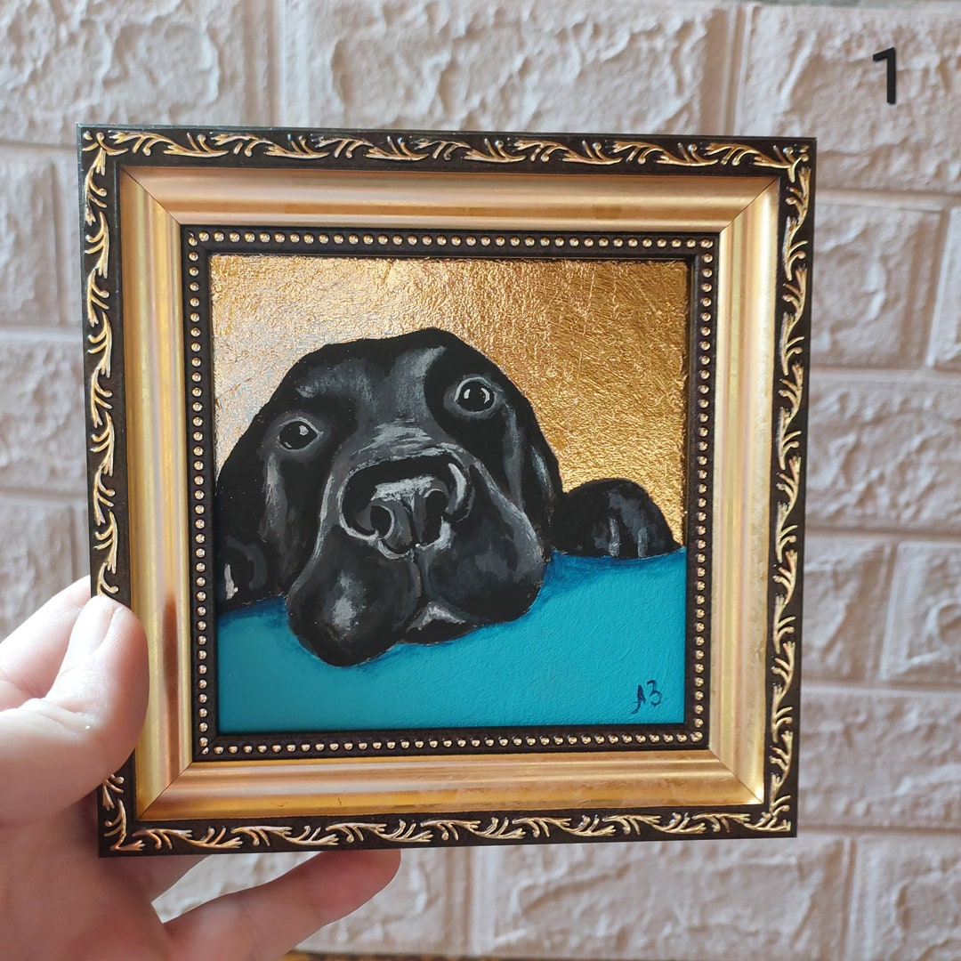 Black Labrador Dog Painting Gold Leaf Original Framed Portrait Dog Hand ...