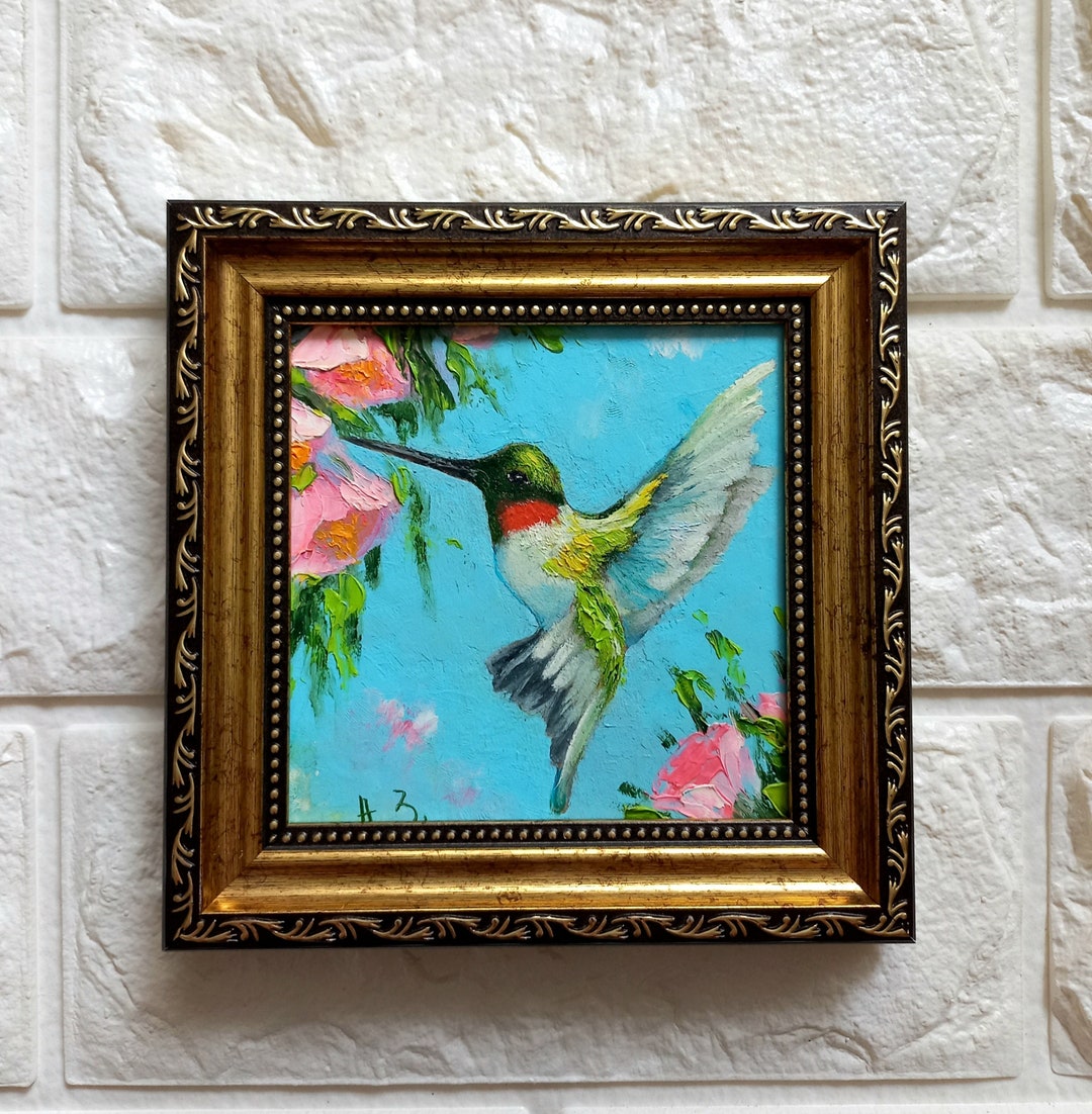 Hummingbird Painting Original Bird Oil Painting Gold Framed Painting ...