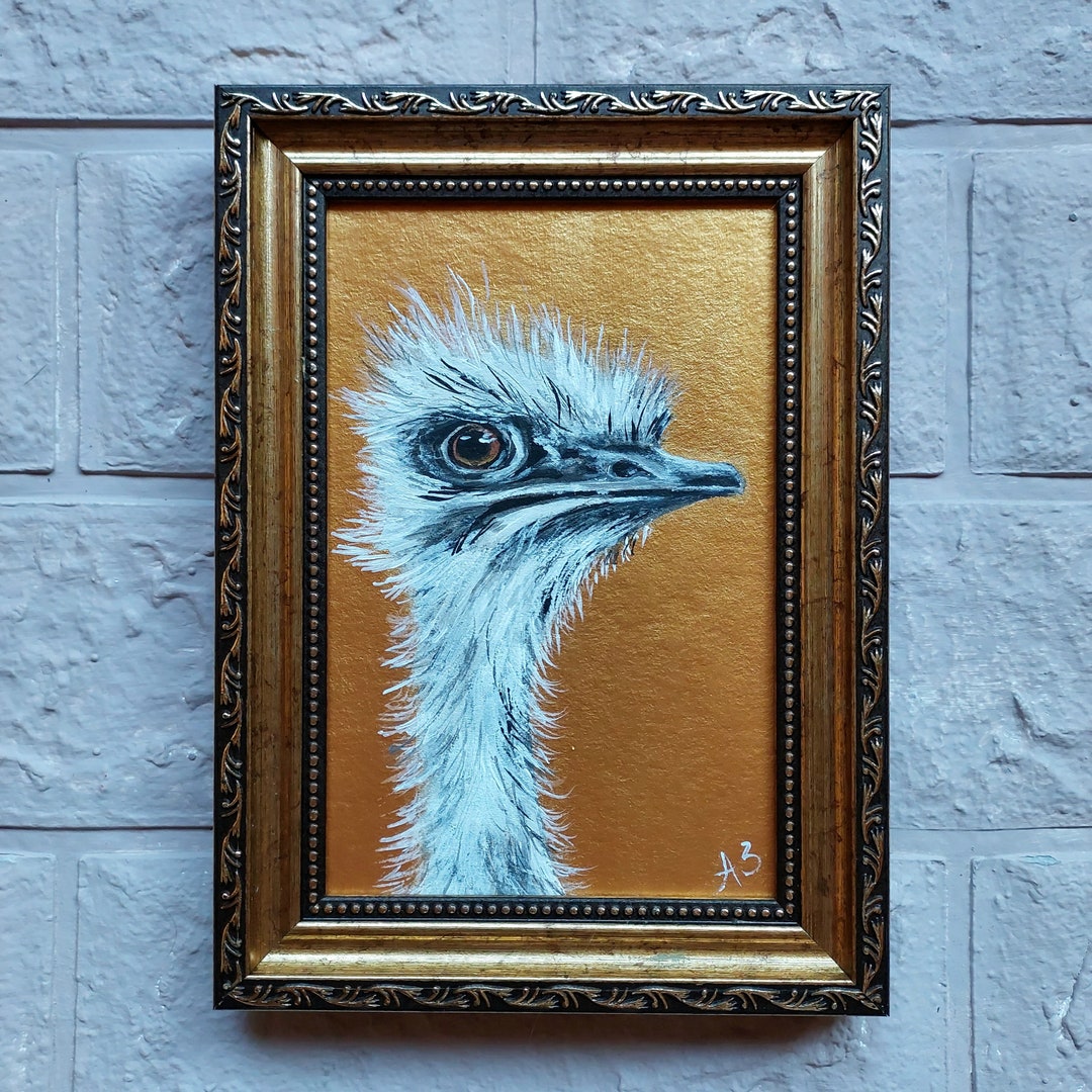 Original Ostrich Oil Painting: Gold Framed Bird Art, Small Wall Decor ...