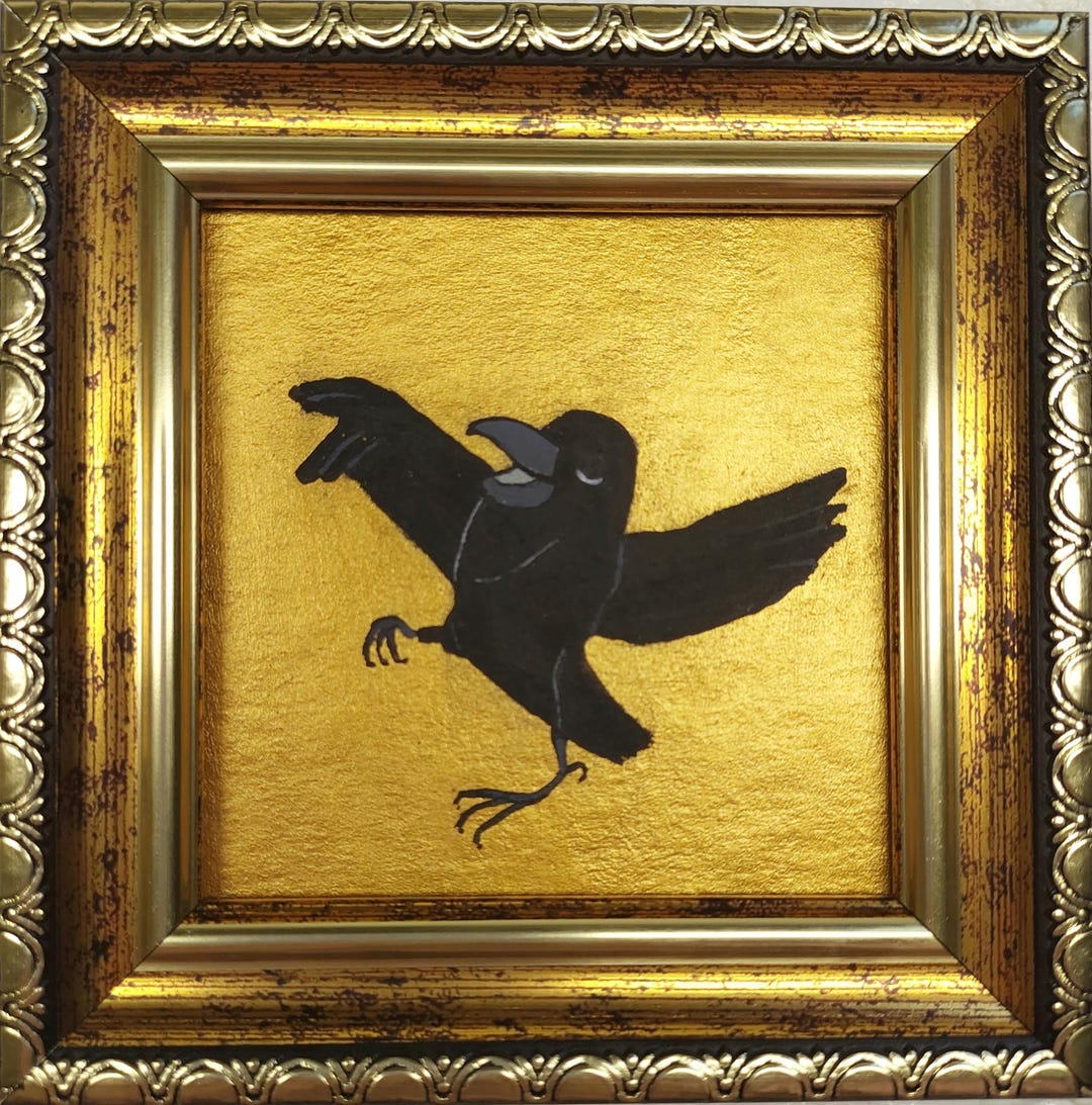 Small Painting Crow Art Bird Black Crow Painting Raven Wall Art Golden ...
