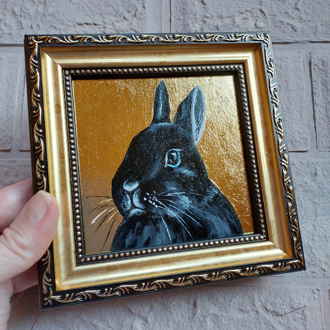 Black Rabbit Painting Gold Leaf Framed Picture Small Animal Art Cute ...