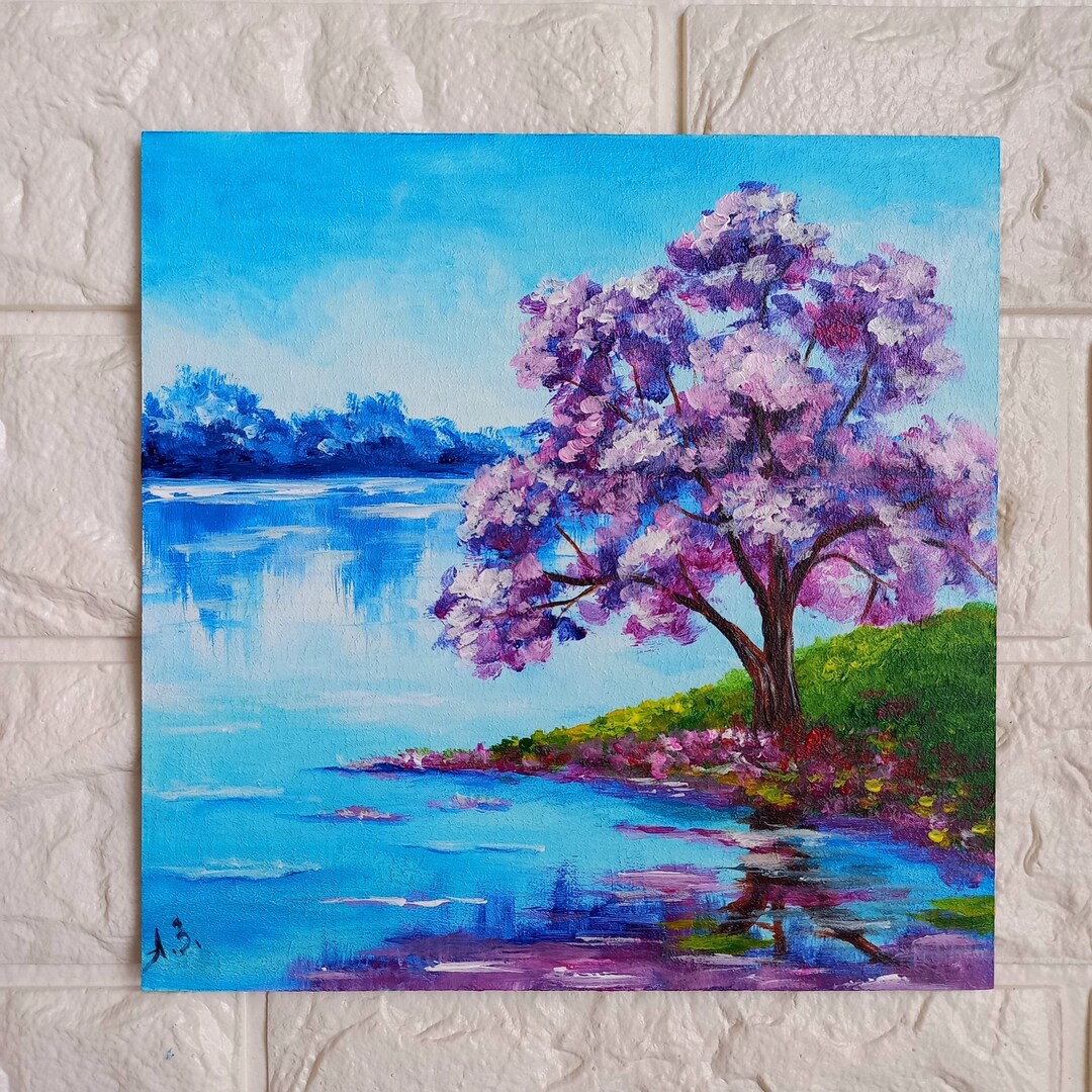Jacaranda Painting Landscape Lake Original Art Blooming Tree - Etsy