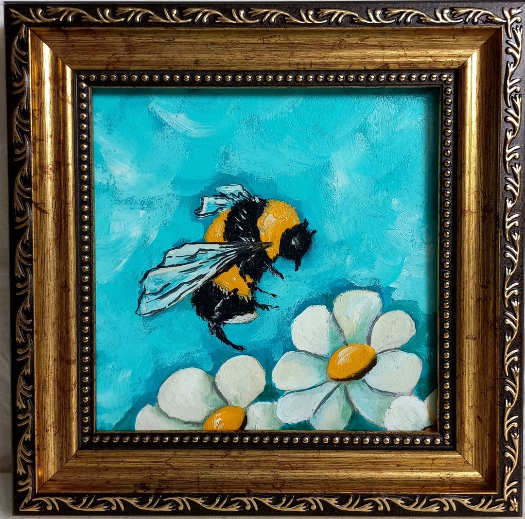 Bee Oil Painting Bumblebee on Flower Honeybee Gold Framed Painting ...