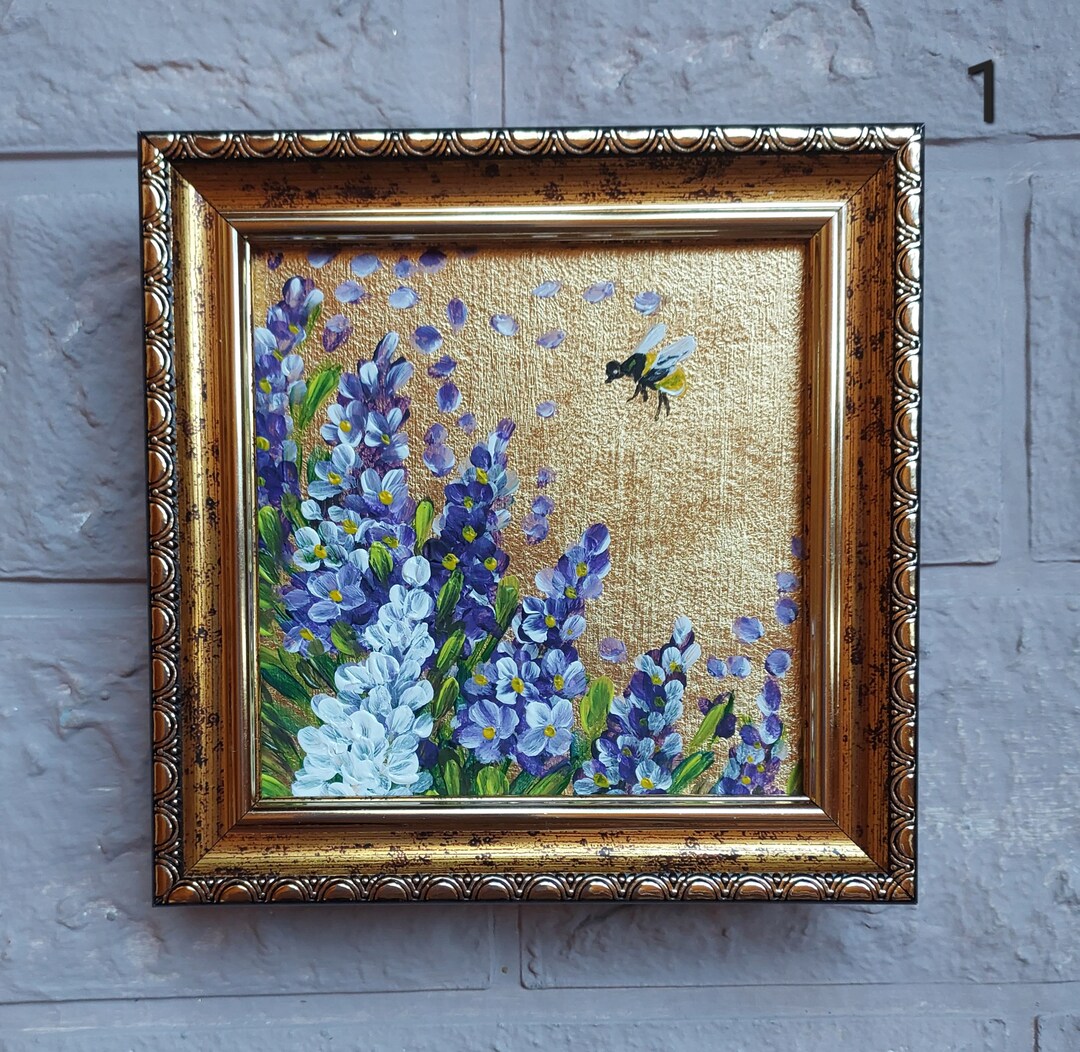 Framed Bee Oil Painting: Gift Miniature Honeybee Art, Gold Foil, 4x4 ...