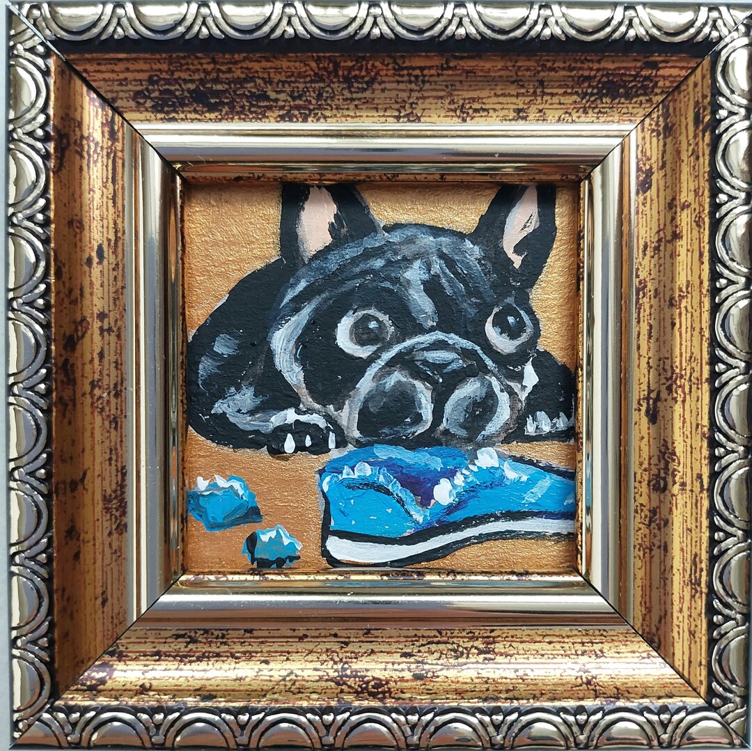 Bulldog Dog Painting Gold Original Artwork Framed Dog Gnaws Sneakers ...