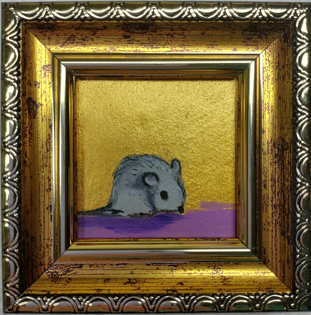 Mouse Oil Painting Mini Painting Gray Mouse Wall Art Golden Framed ...