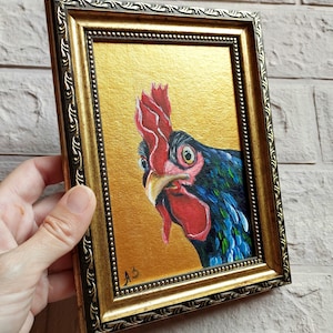Original Rooster Oil Painting: Farmhouse Animal Art, Golden Framed ...