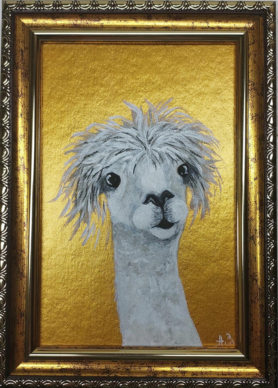 Funny Animal Lama Alpaka Original Oil Painting, White Llama, Gift, Gold ...