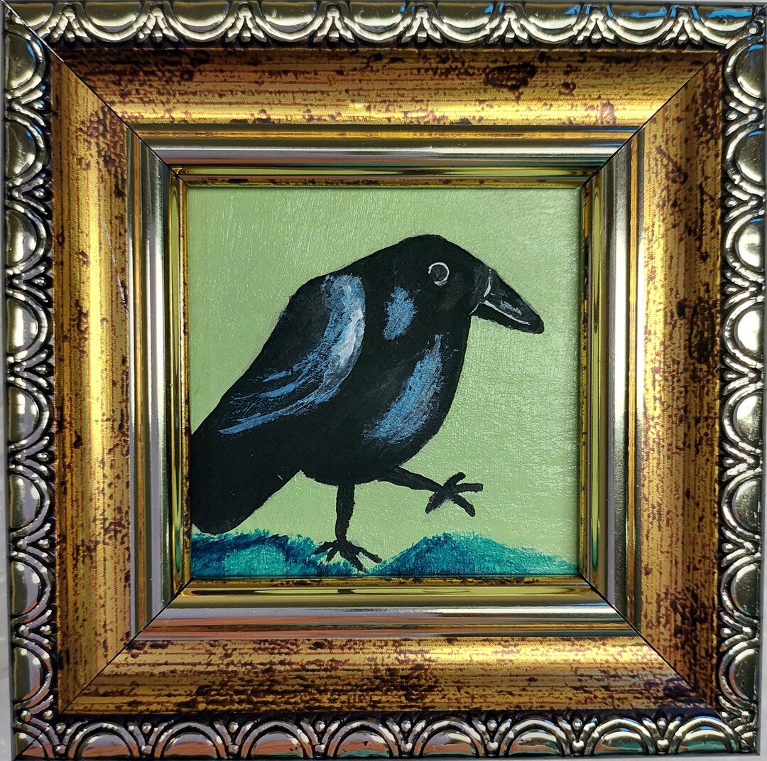 Crow Mini Painting Bird Oil Painting Raven Wall Art Golden Framed ...