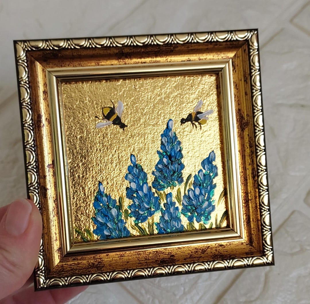 Bee Bluebonnet Painting Gift Framed Miniature Oil Art 3x3 In Gold