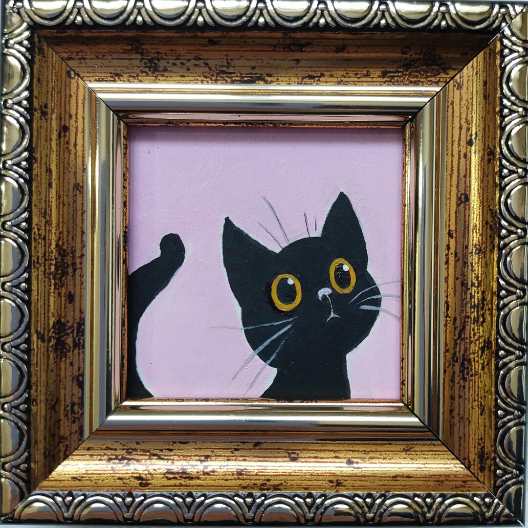 Framed Black Cat Mini Painting: Funny Kitten Original Oil Art - Etsy