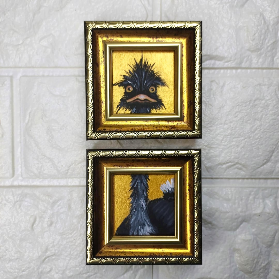 Original Ostrich Painting: Miniature Double Art 2x2 Framed Bird Artwork ...