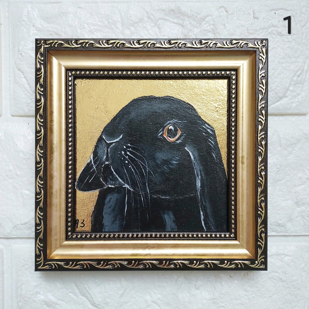 Black Rabbit Painting Original Golden Framed Picture Small Animal Art ...
