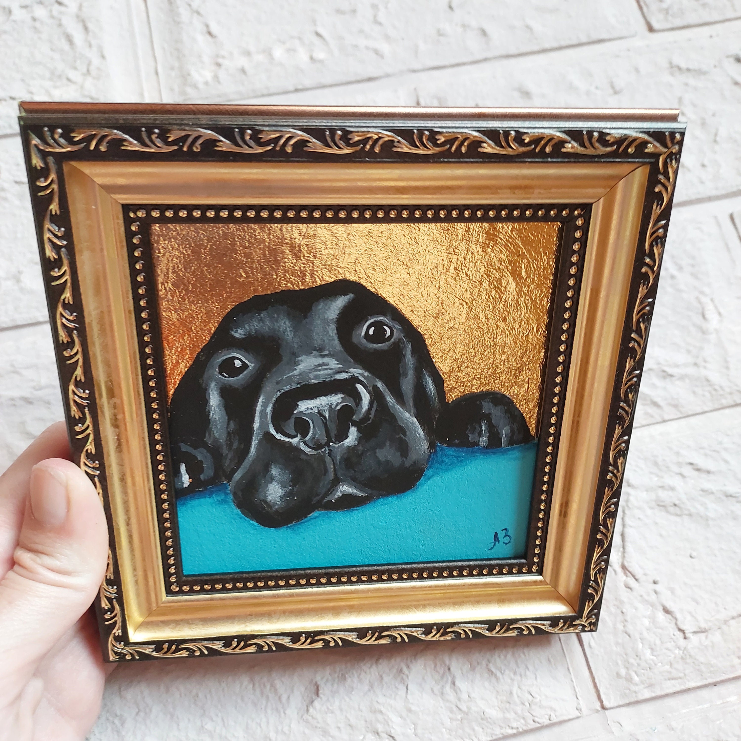 Black Labrador Dog Painting Gold Leaf Original Framed Portrait Dog Hand ...