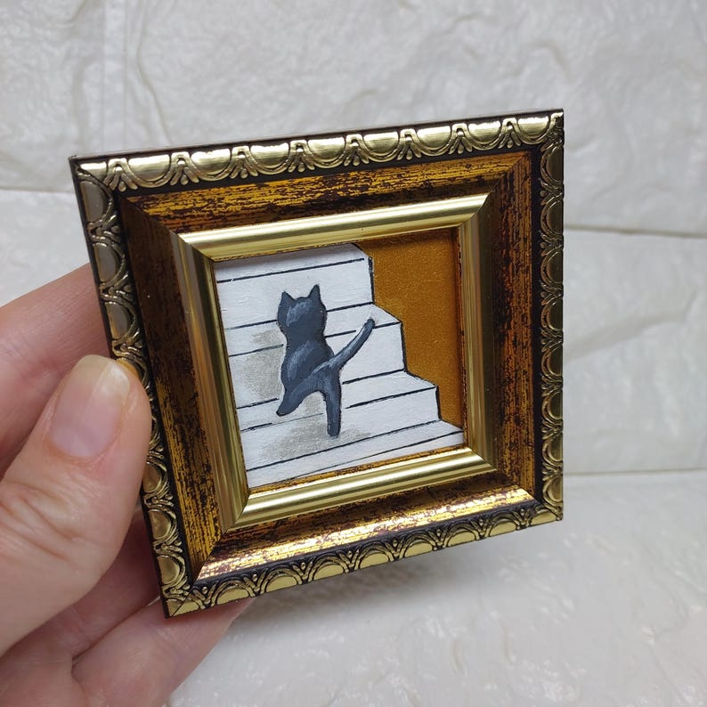 Black Cat Unique Mini Oil Painting 2x2 Inch, Gift, Frame, Kitten ...