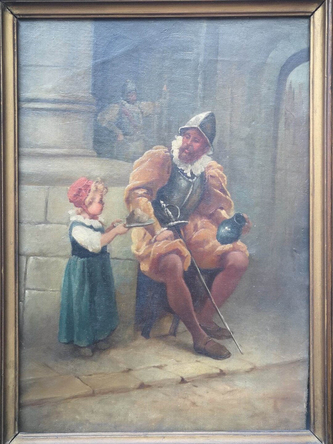 19th C. Oil Painting of A Dutch Musketeer and A Child, in Ornate ...