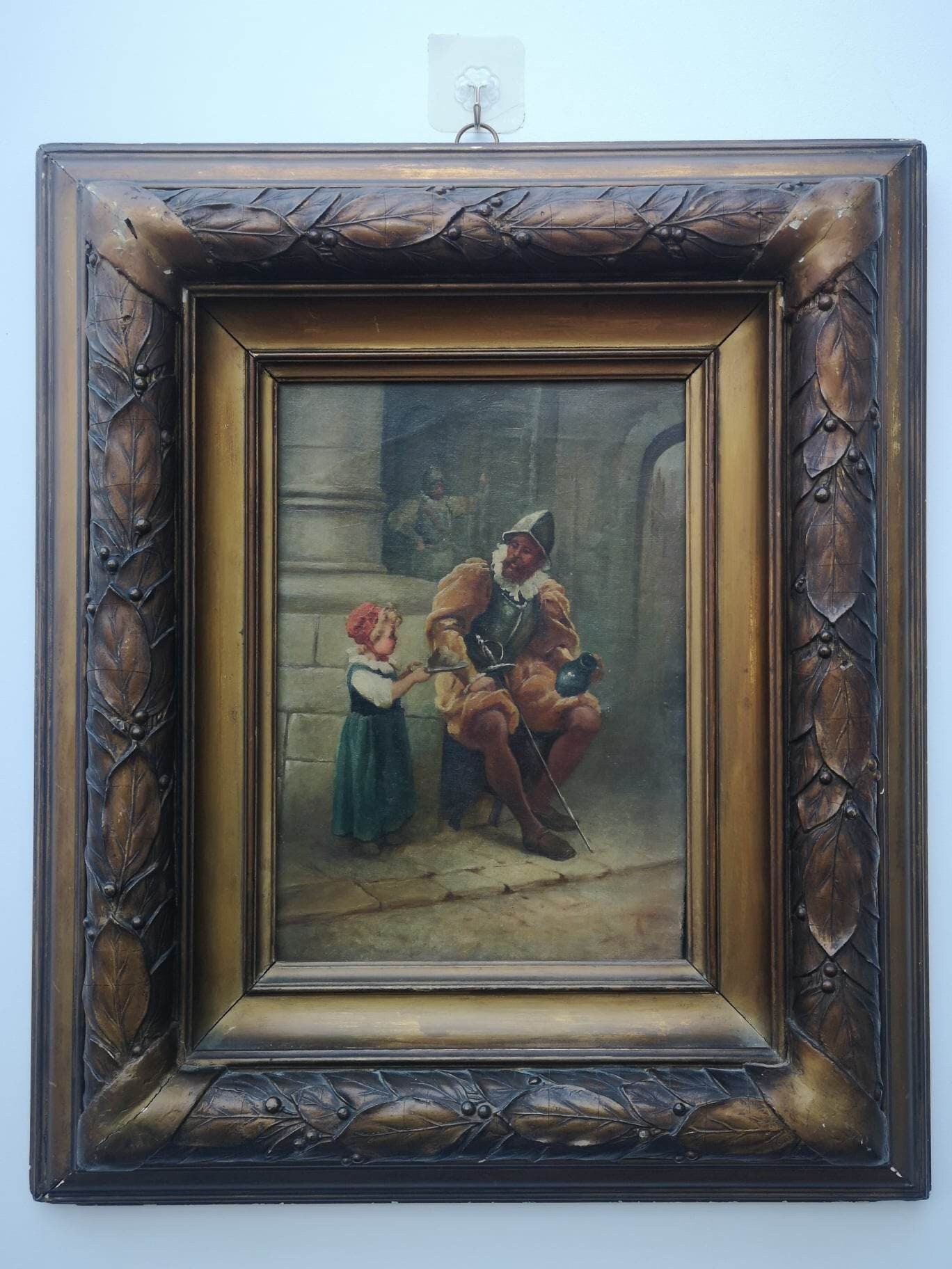 19th C. Oil Painting of A Dutch Musketeer and A Child, in Ornate ...