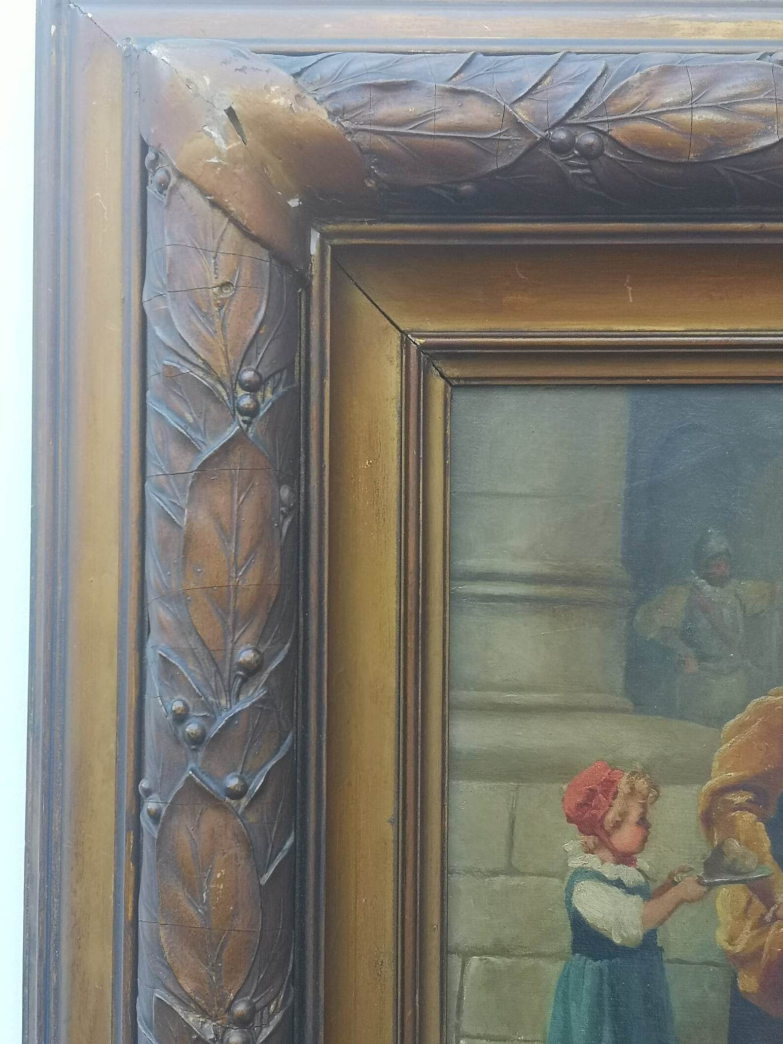 19th C. Oil Painting of A Dutch Musketeer and A Child, in Ornate ...