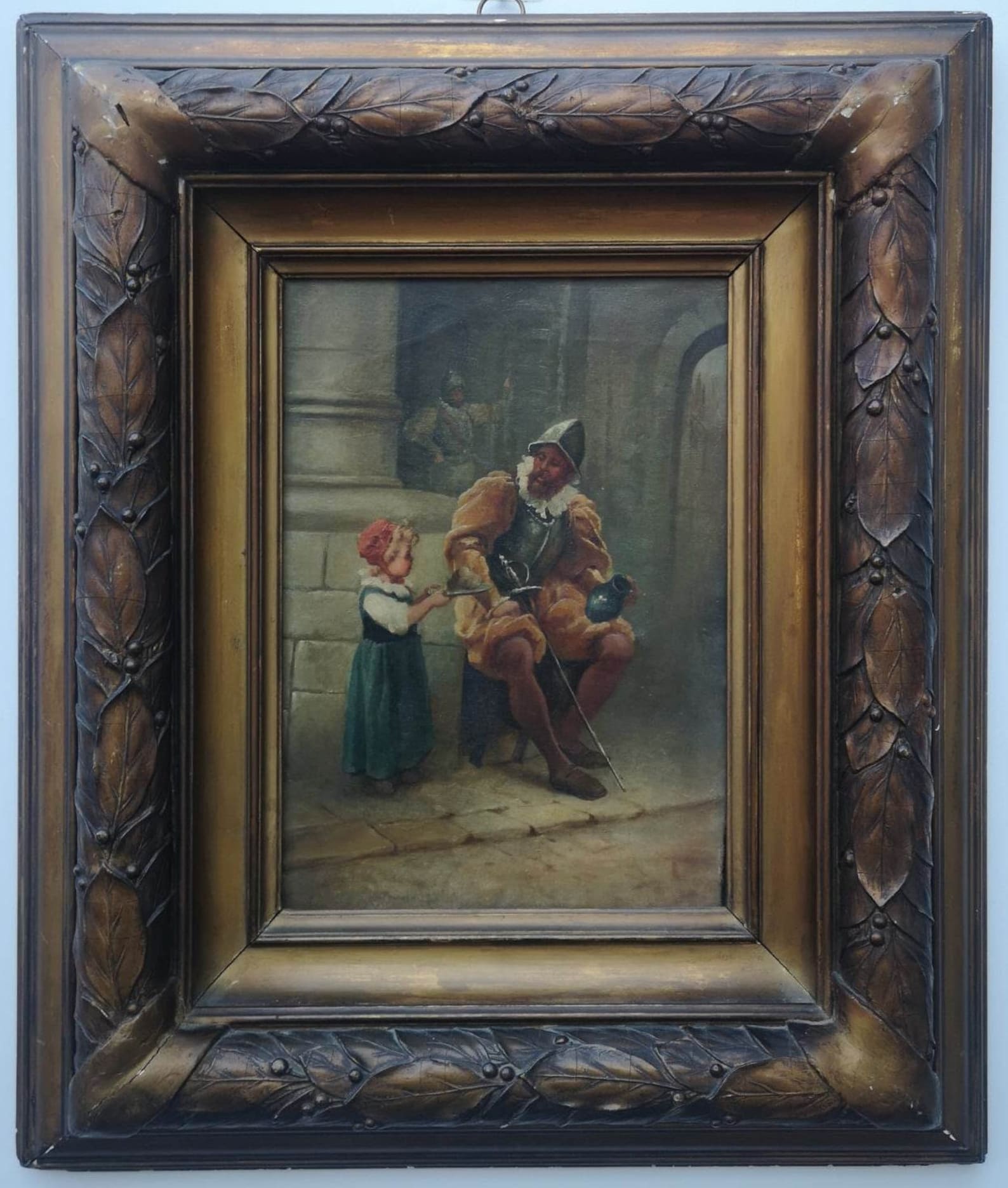 19th C. Oil Painting of A Dutch Musketeer and A Child, in Ornate ...