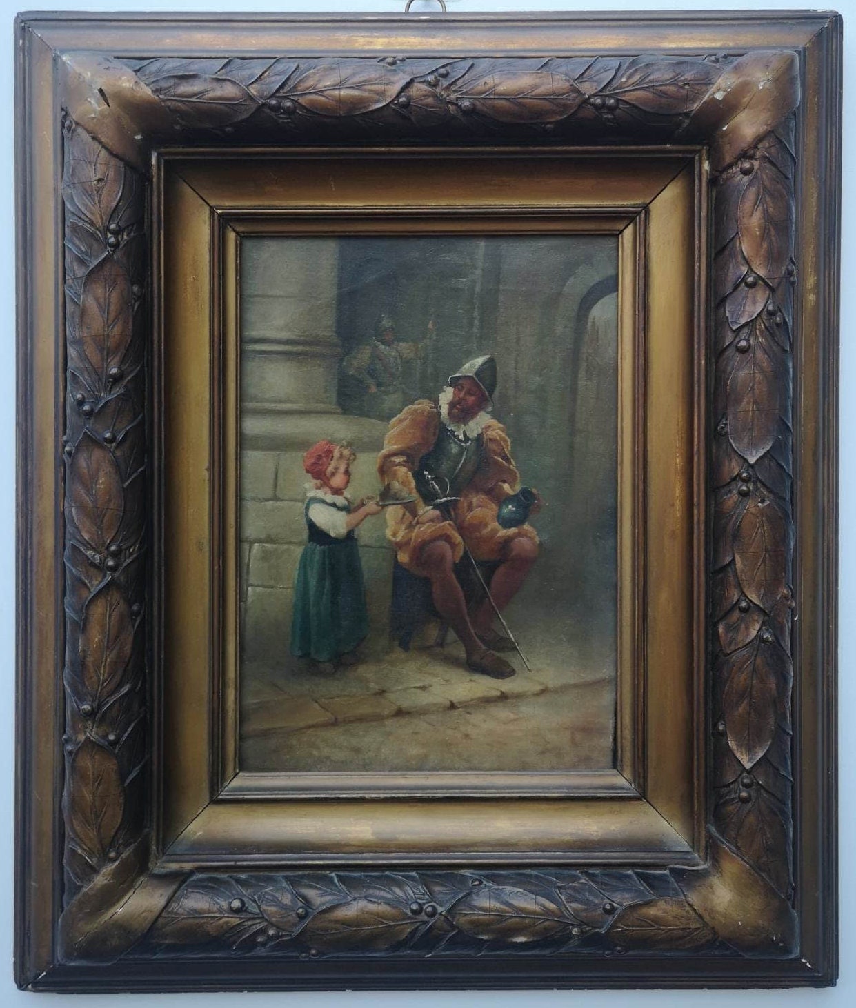 19th C. Oil Painting of A Dutch Musketeer and A Child, in Ornate ...