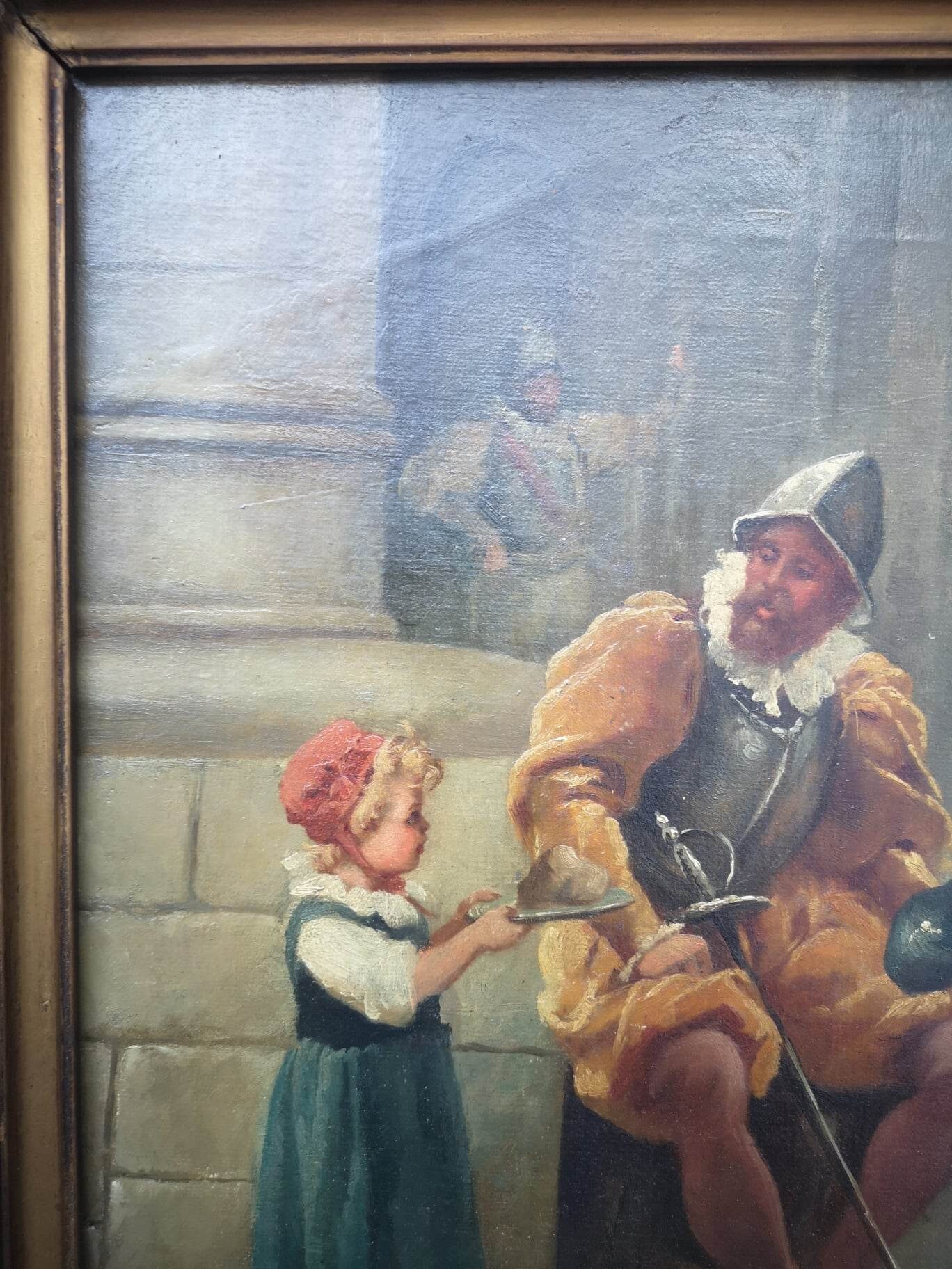 19th C. Oil Painting of A Dutch Musketeer and A Child, in Ornate ...