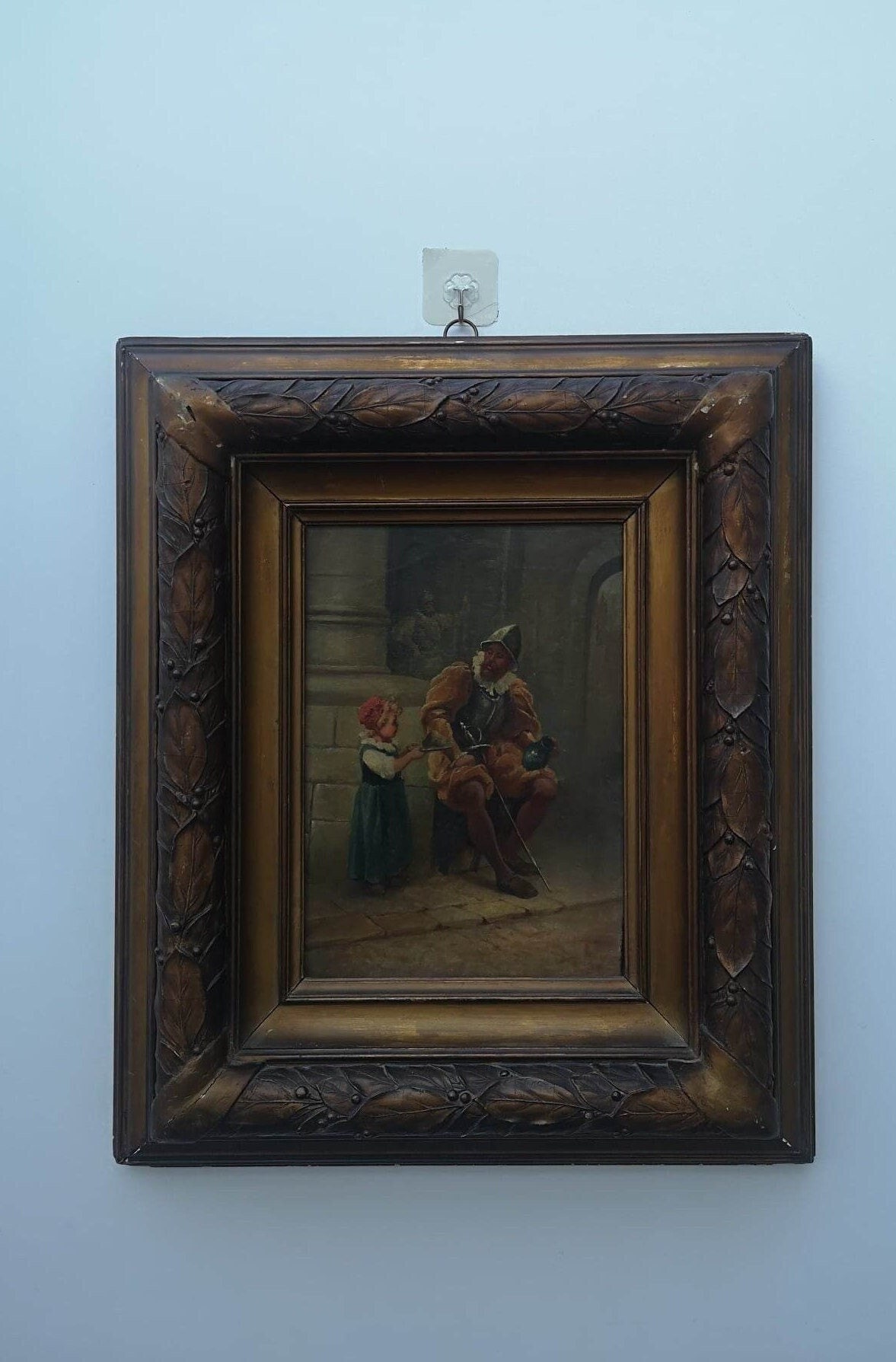 19th C. Oil Painting of A Dutch Musketeer and A Child, in Ornate ...