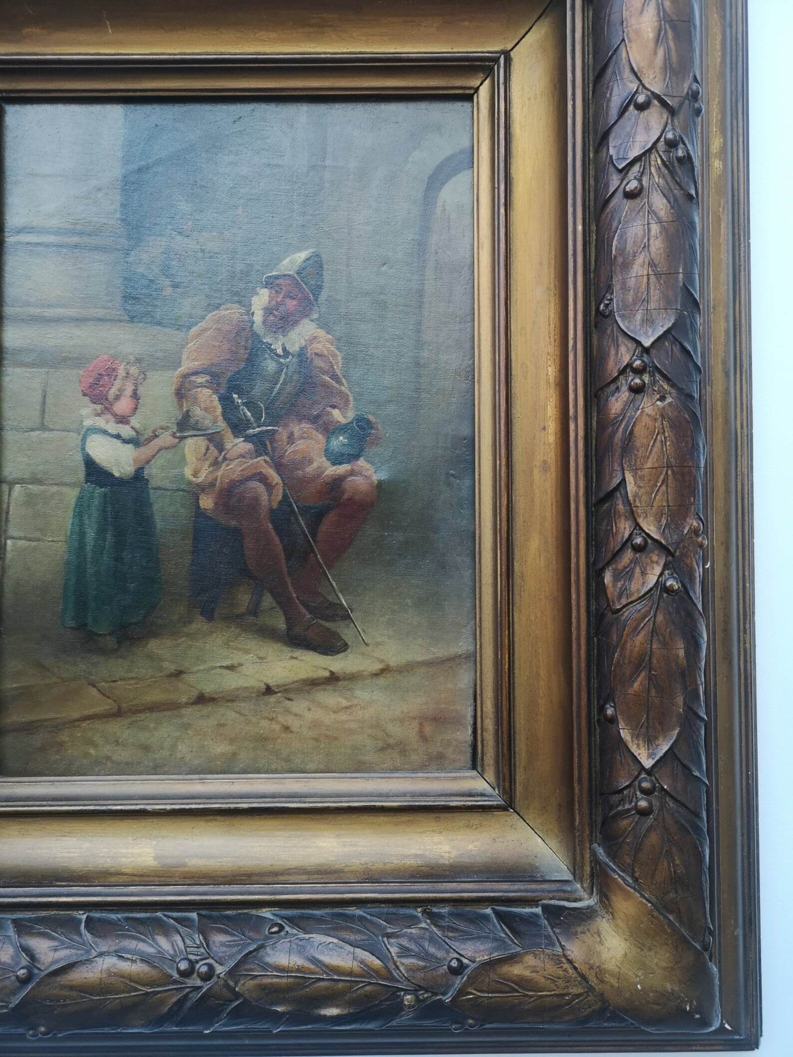 19th C. Oil Painting of A Dutch Musketeer and A Child, in Ornate ...