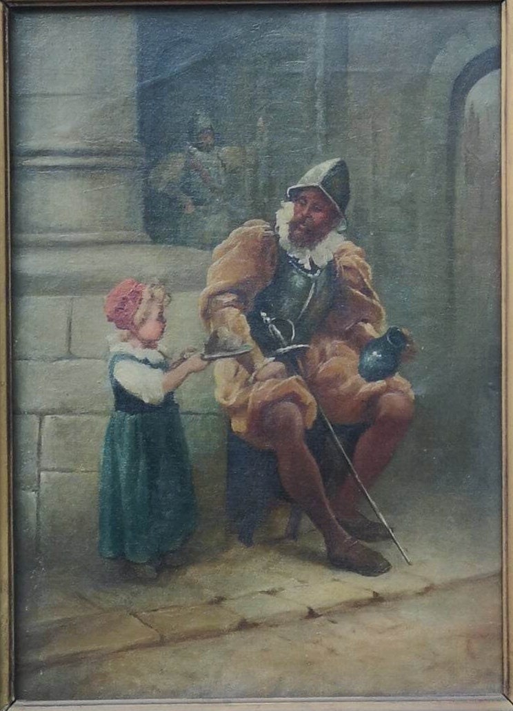 19th C. Oil Painting of A Dutch Musketeer and A Child, in Ornate ...