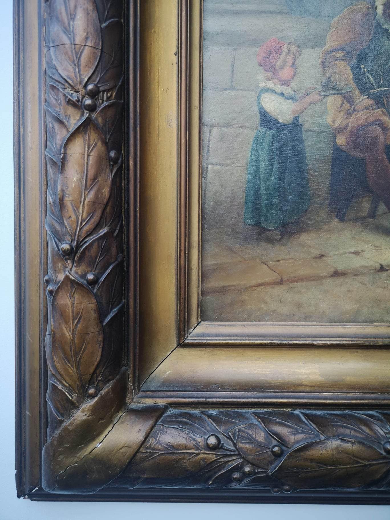19th C. Oil Painting of A Dutch Musketeer and A Child, in Ornate ...