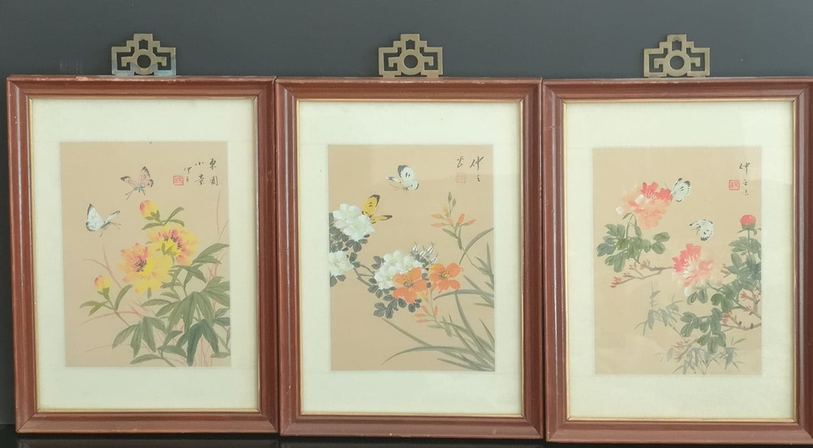 Set of Three Chinese Gongbi Ink and Colour Silk Paintings - Etsy Singapore