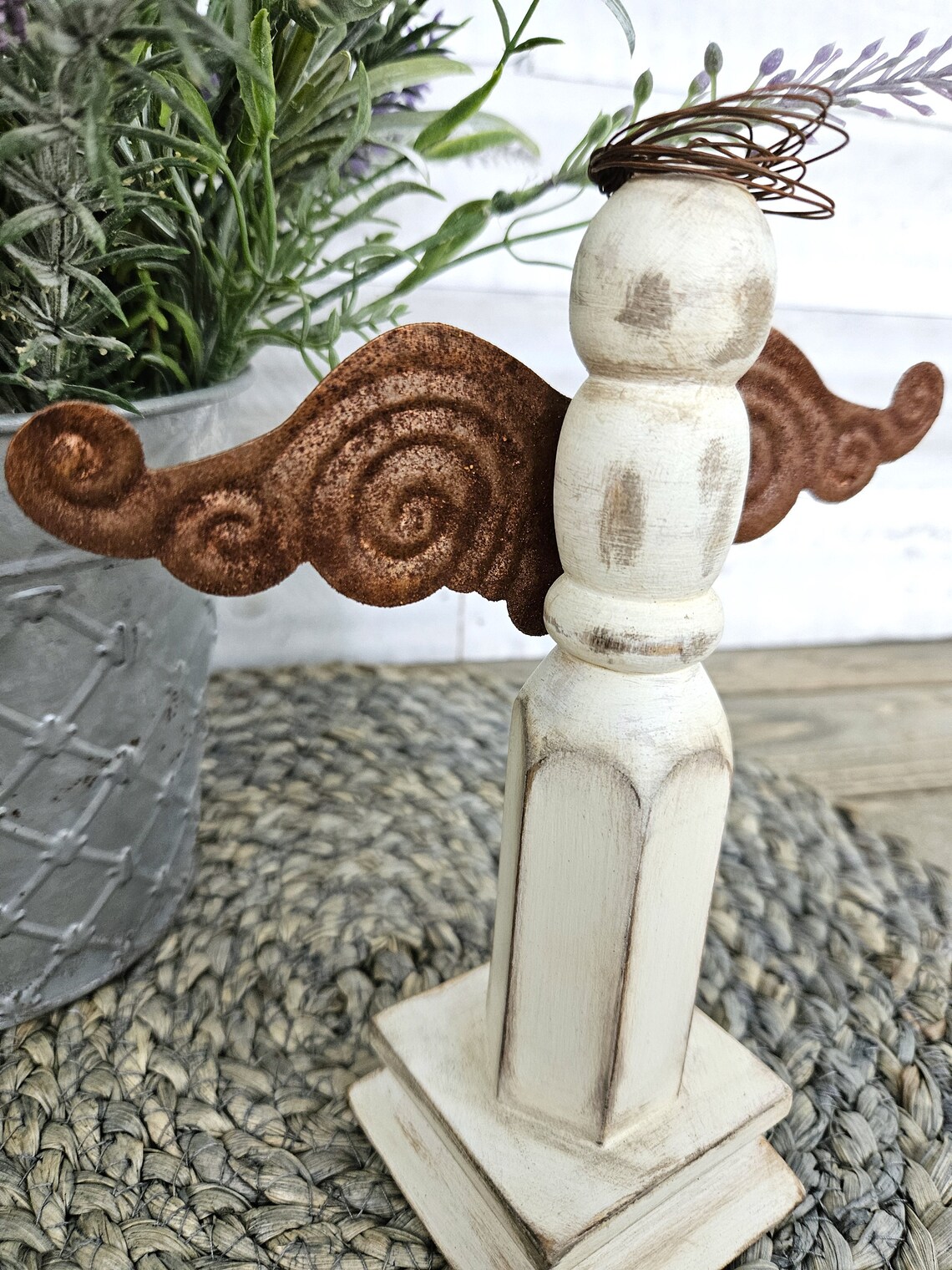 Unique 7.5 Rustic Wood Spindle Angel With Metal Wings / Rusty Metal ...