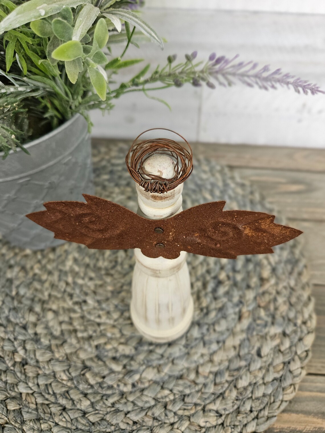 Unique 7.25 Rustic Wood Spindle Angel With Metal Wings / Rusty Metal ...