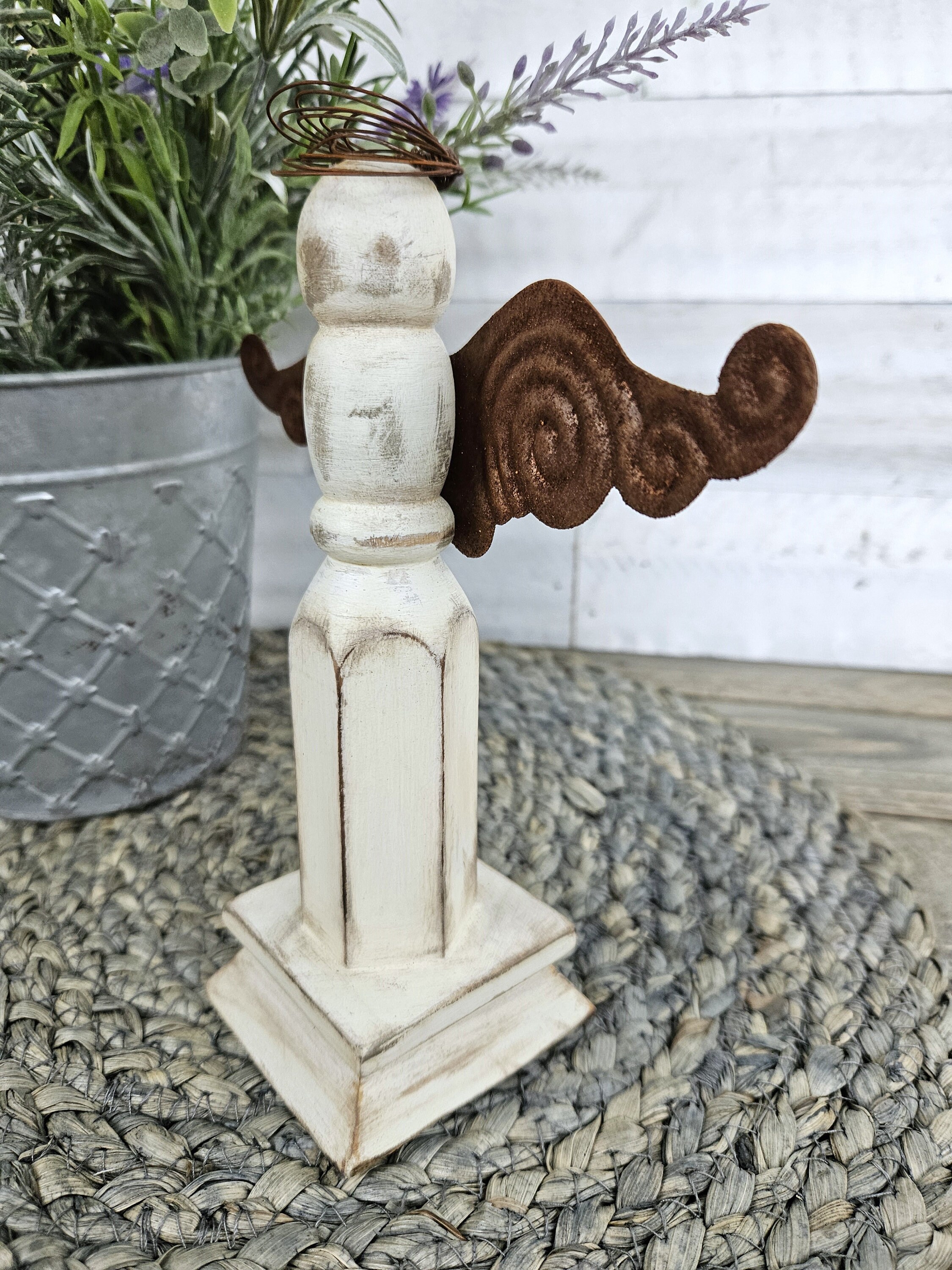 Unique 7.5 Rustic Wood Spindle Angel With Metal Wings / Rusty Metal ...