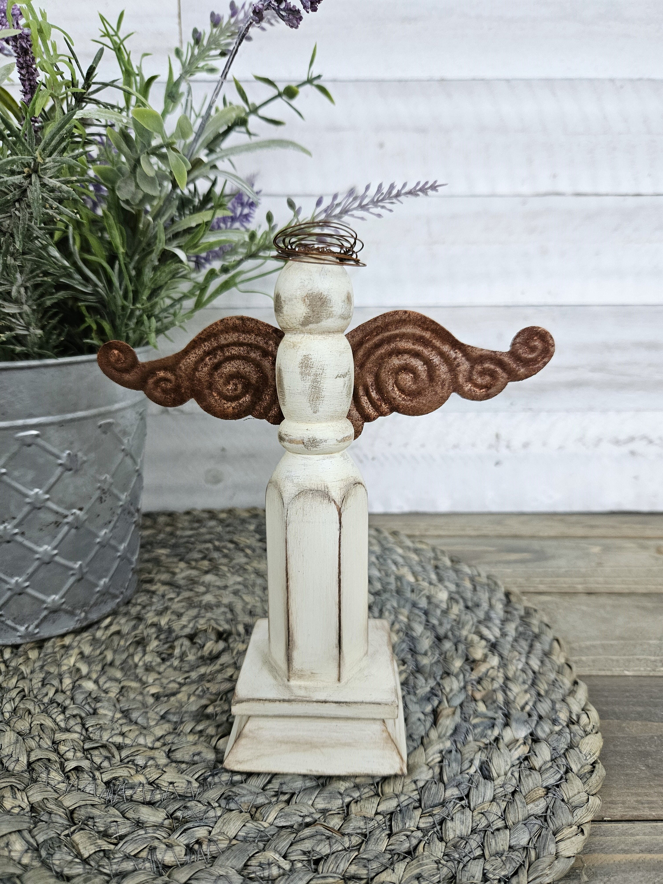 Unique 7.5 Rustic Wood Spindle Angel With Metal Wings / Rusty Metal ...