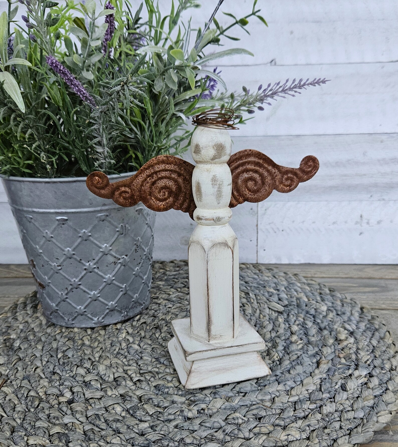 Unique 7.5 Rustic Wood Spindle Angel With Metal Wings / Rusty Metal ...