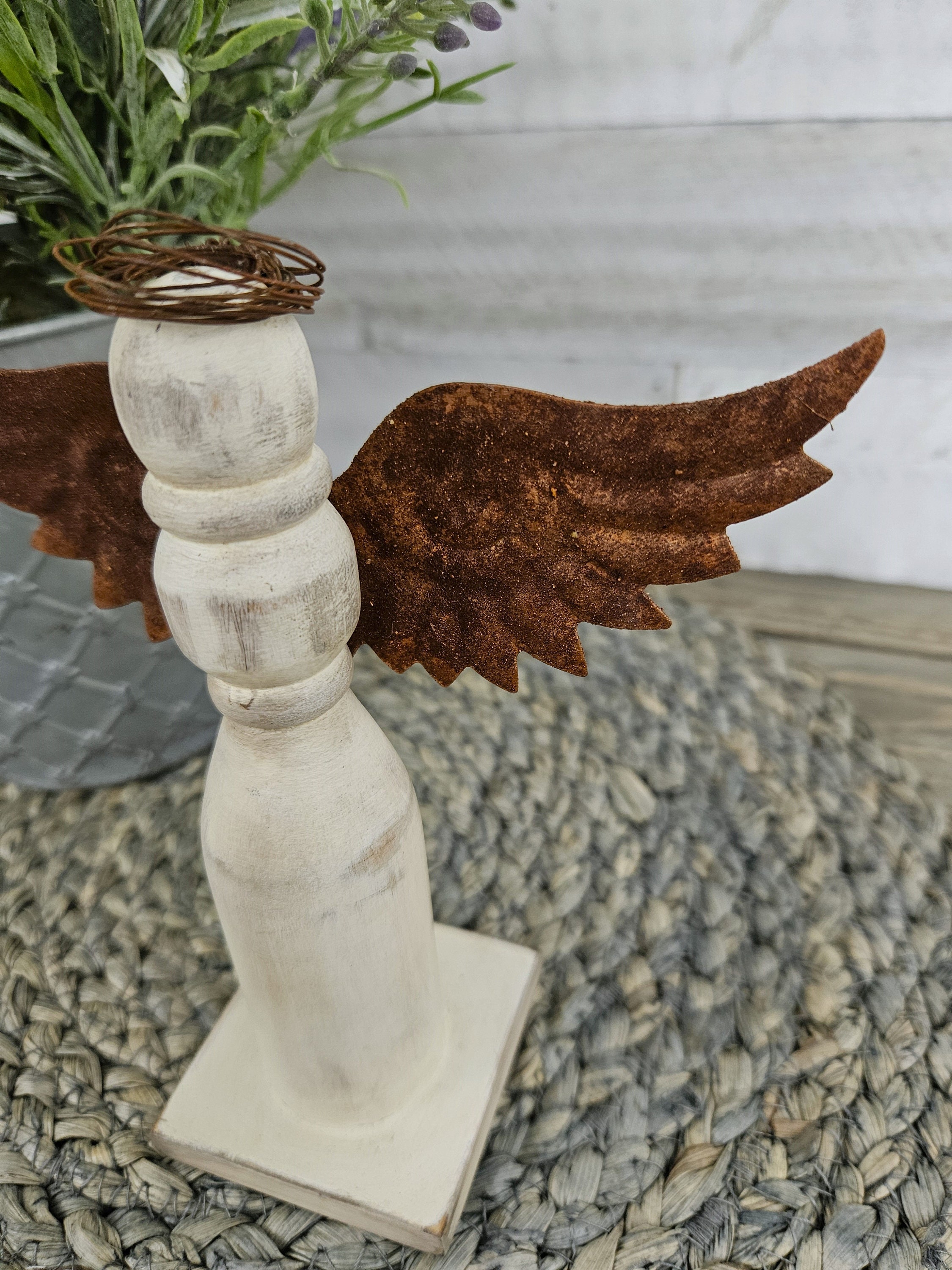 Unique 6.5 Rustic Wood Spindle Angel With Metal Wings / Rusty Metal ...