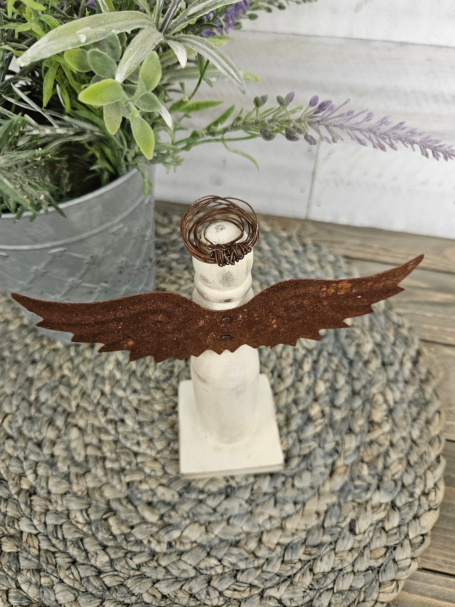 Unique 6.5 Rustic Wood Spindle Angel With Metal Wings / Rusty Metal ...