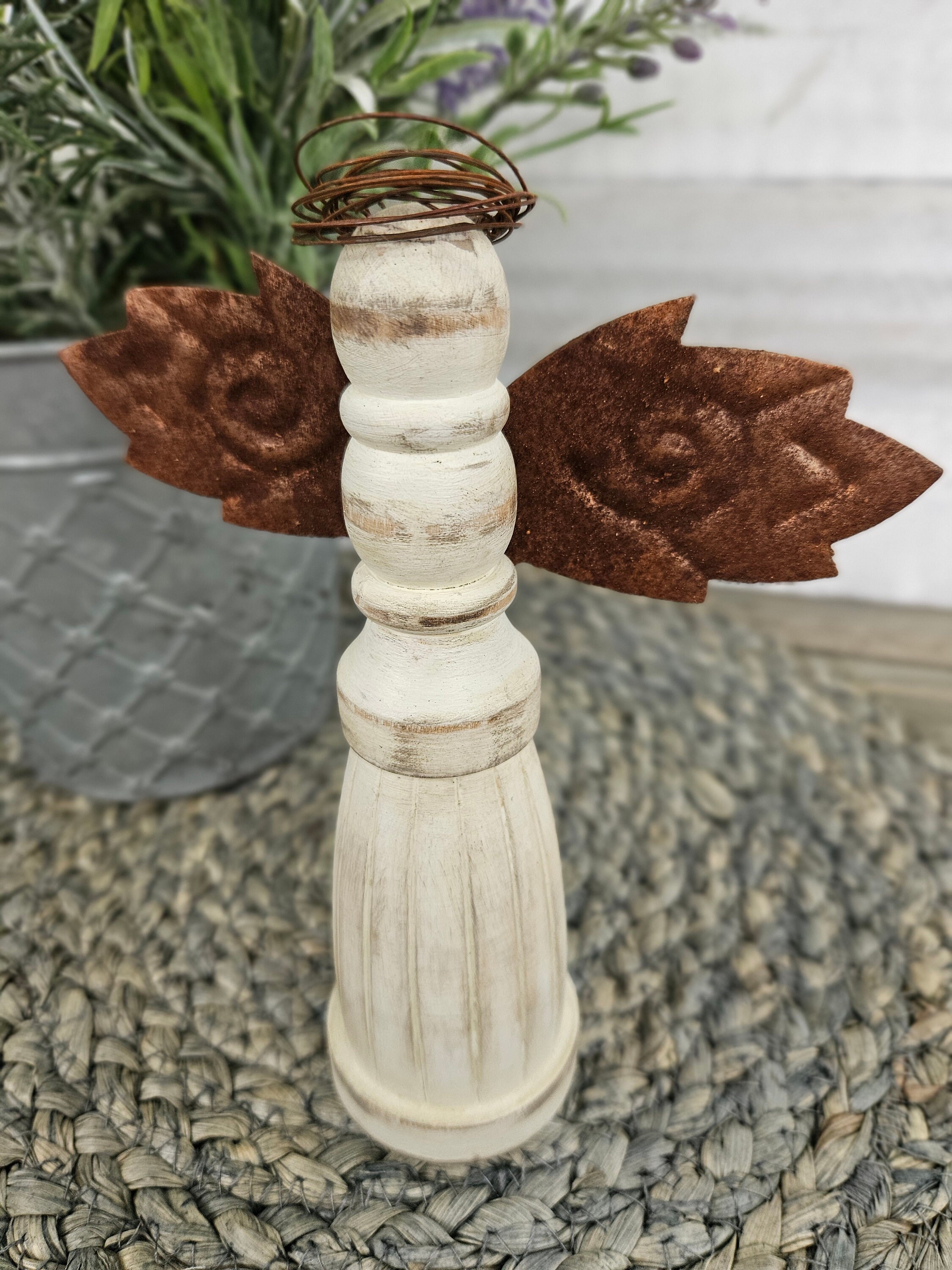 Unique 7.25 Rustic Wood Spindle Angel With Metal Wings / Rusty Metal ...