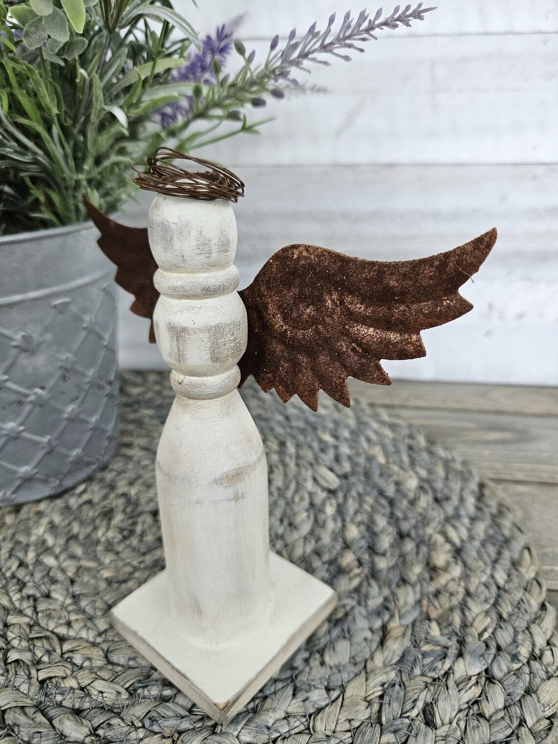 Unique 6.5 Rustic Wood Spindle Angel With Metal Wings / Rusty Metal ...