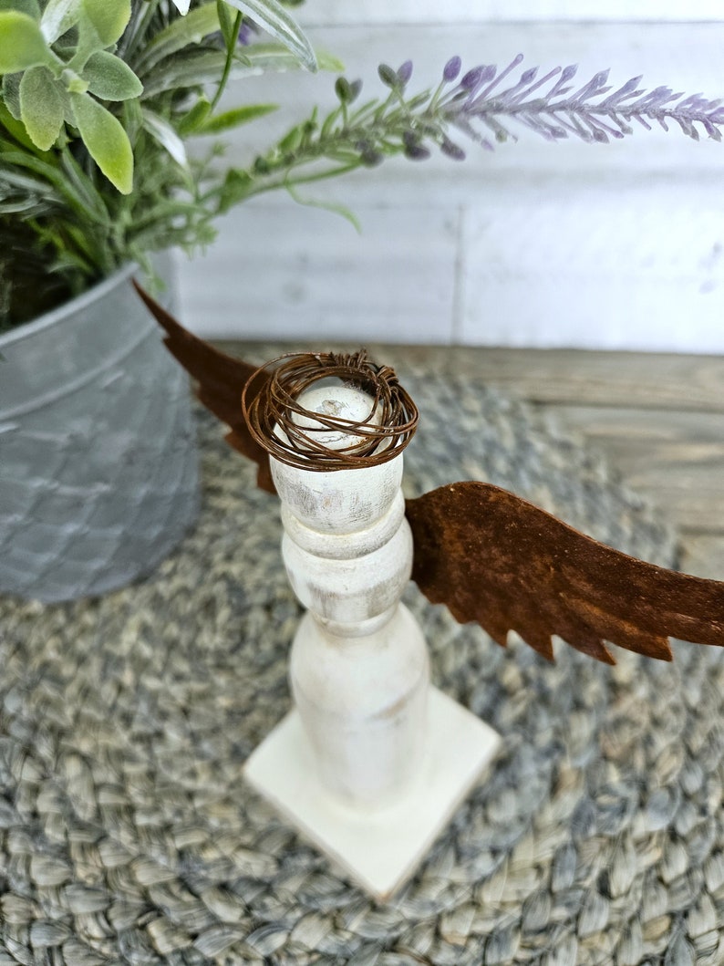 Unique 6.5 Rustic Wood Spindle Angel With Metal Wings / Rusty Metal / Farmhouse / Distressed ...
