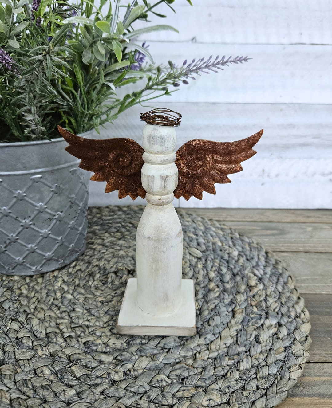 Unique 6.5 Rustic Wood Spindle Angel With Metal Wings / Rusty Metal ...