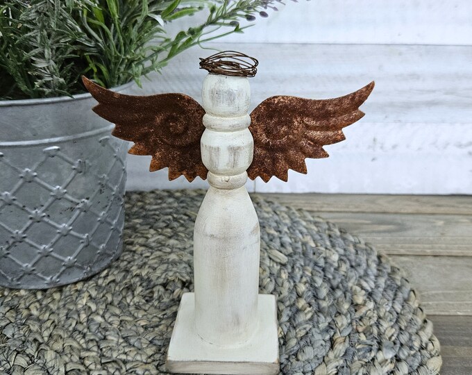 Unique 6.5" Rustic Wood Spindle Angel With Metal Wings / Rusty Metal ...