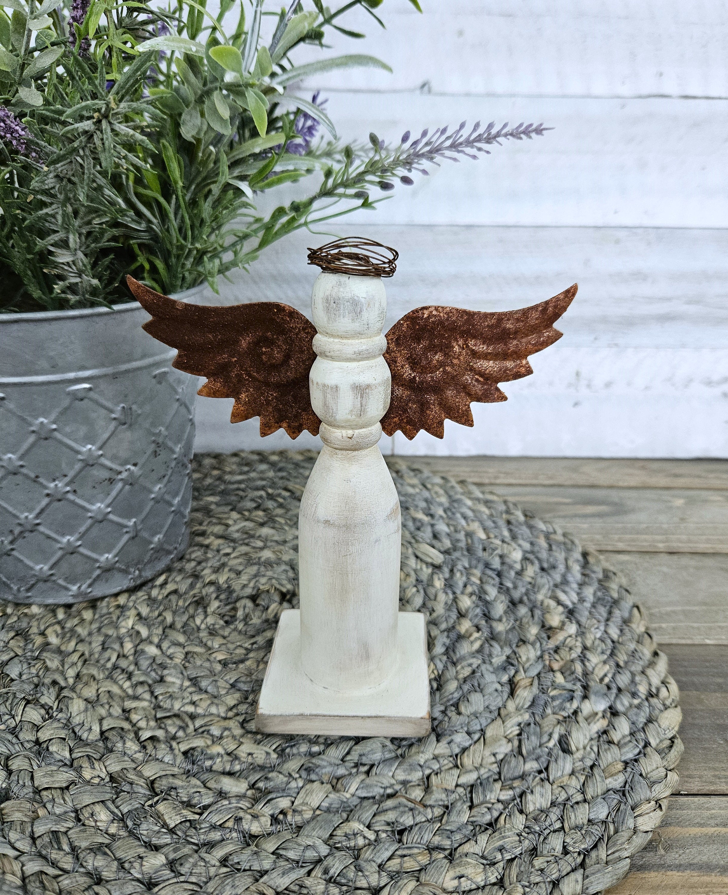 Unique 6.5 Rustic Wood Spindle Angel With Metal Wings / Rusty Metal ...