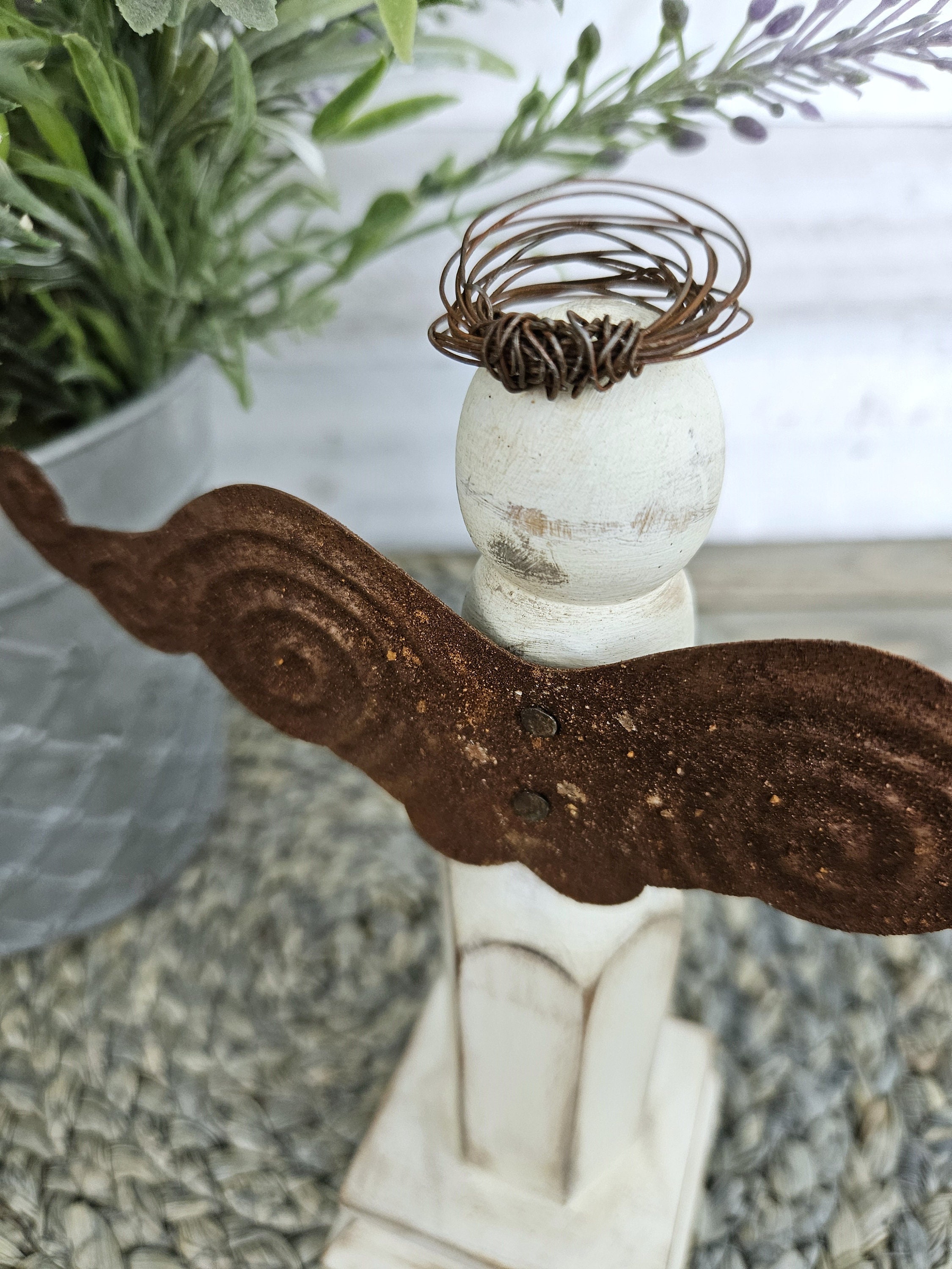 Unique 7.5 Rustic Wood Spindle Angel With Metal Wings / Rusty Metal ...