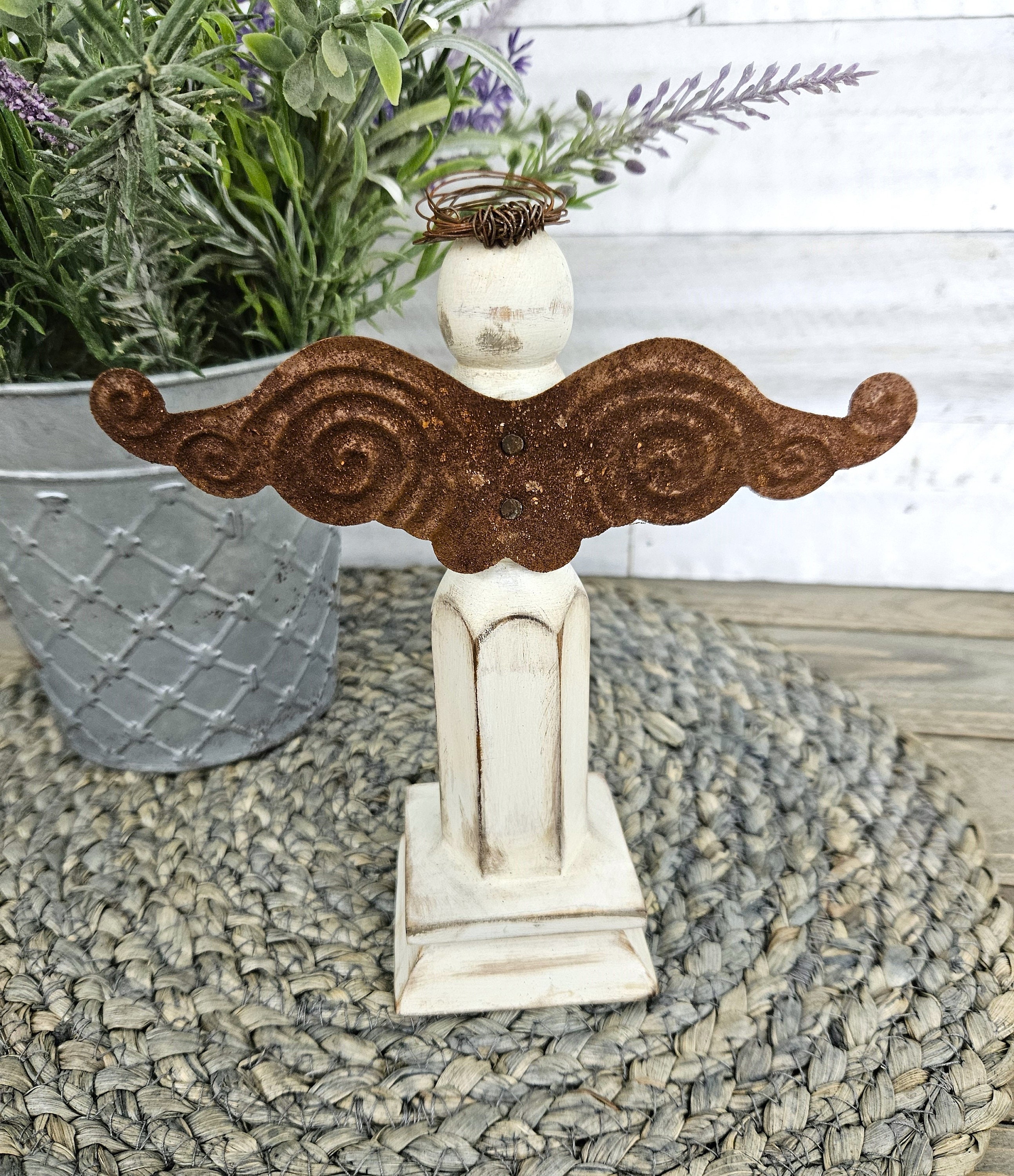 Unique 7.5 Rustic Wood Spindle Angel With Metal Wings / Rusty Metal ...