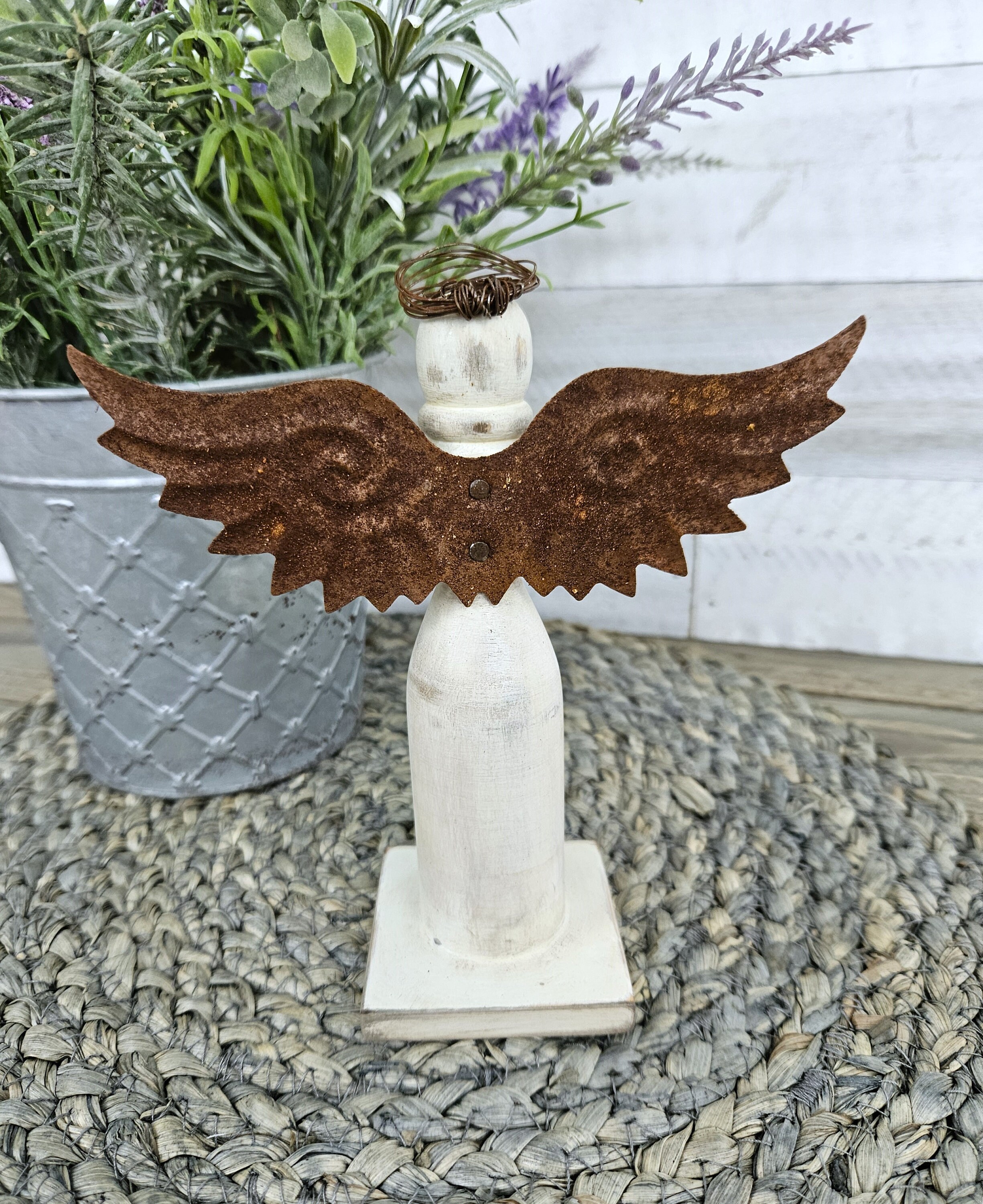 Unique 6.5 Rustic Wood Spindle Angel With Metal Wings / Rusty Metal ...