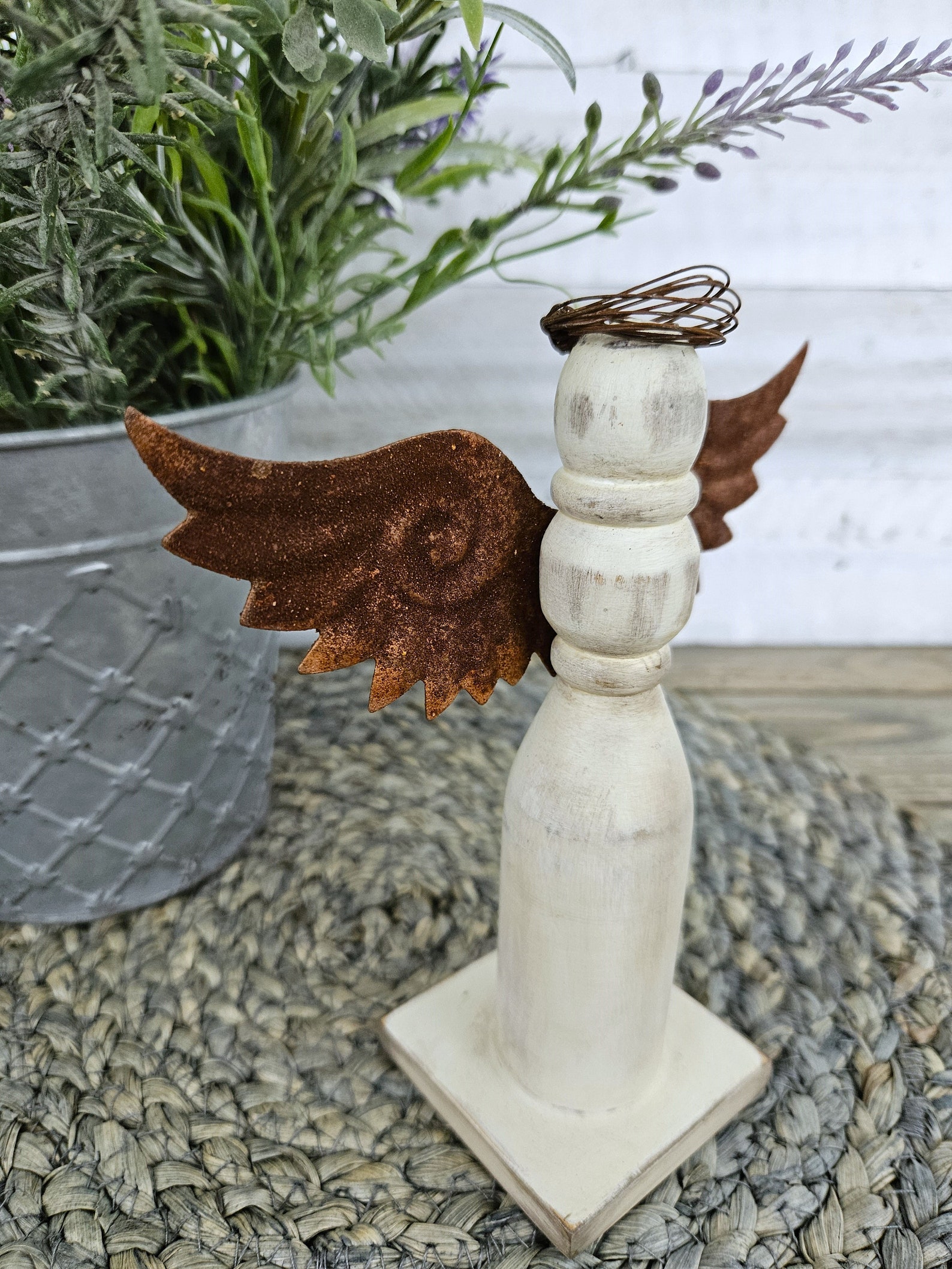 Unique 6.5 Rustic Wood Spindle Angel With Metal Wings / Rusty Metal ...