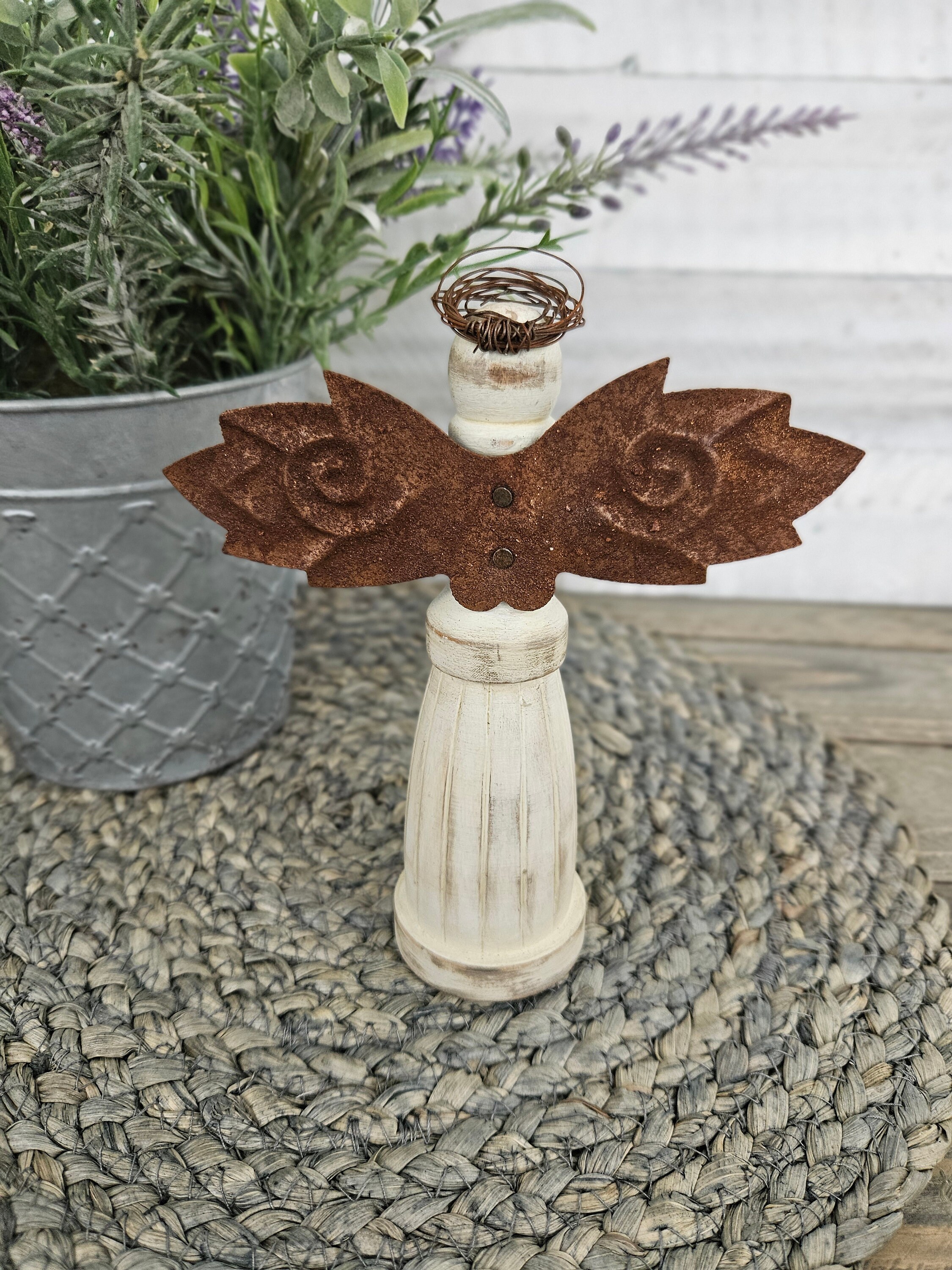 Unique 7.25 Rustic Wood Spindle Angel With Metal Wings / Rusty Metal ...