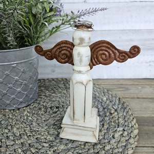 Unique 7.5 Rustic Wood Spindle Angel With Metal Wings / Rusty Metal ...